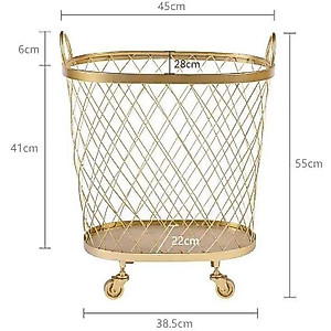 Clothes Storage Basket, Laundry Basket with Wheels, Round Mesh Wrought Iron Toy Storage Box- Home Bathroom Laundry Basket, Laundry Basket, for Clothes, Toy Storage, Dirty Clothes Storage Box (Gold)
