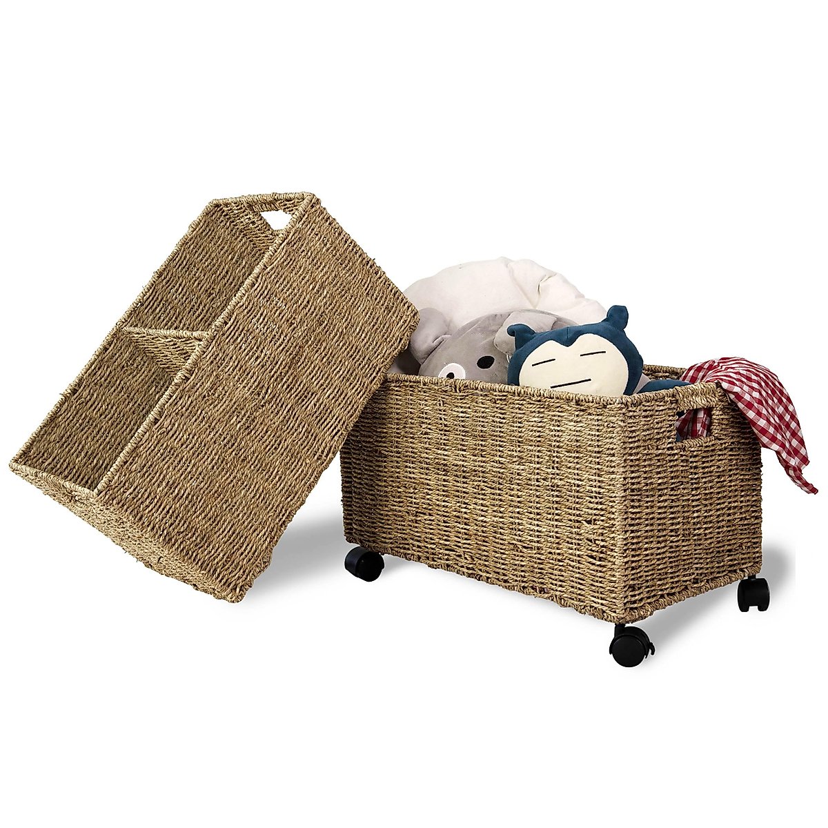PEMAR Set 2 (different sizes nesting in a set) Natural Wicker Rolling Storage Baskets on Wheels w Insert Handle, Under Table Under Desk Storage Bins, Mobile File Cabinet Organiser. Seagrass
