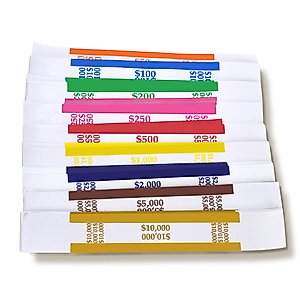 Essential Currency Straps –450 Assorted Bill Wrappers, Money Bands to Organize Bills, ABA Standard Colors, Self-Adhesive, 7.5 x 1.15 Inches (450 Assorted/ 50 of Each)