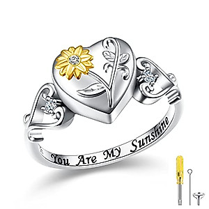 HOOHWE Sterling Silver Cremation Jewelry Sunflower Urn Rings Holds Loved Ones Ashes, You Are My Sunshine Heart Urn Ring Keepsake Cremation Ring Memorial Jewelry for Ashes for Women Men