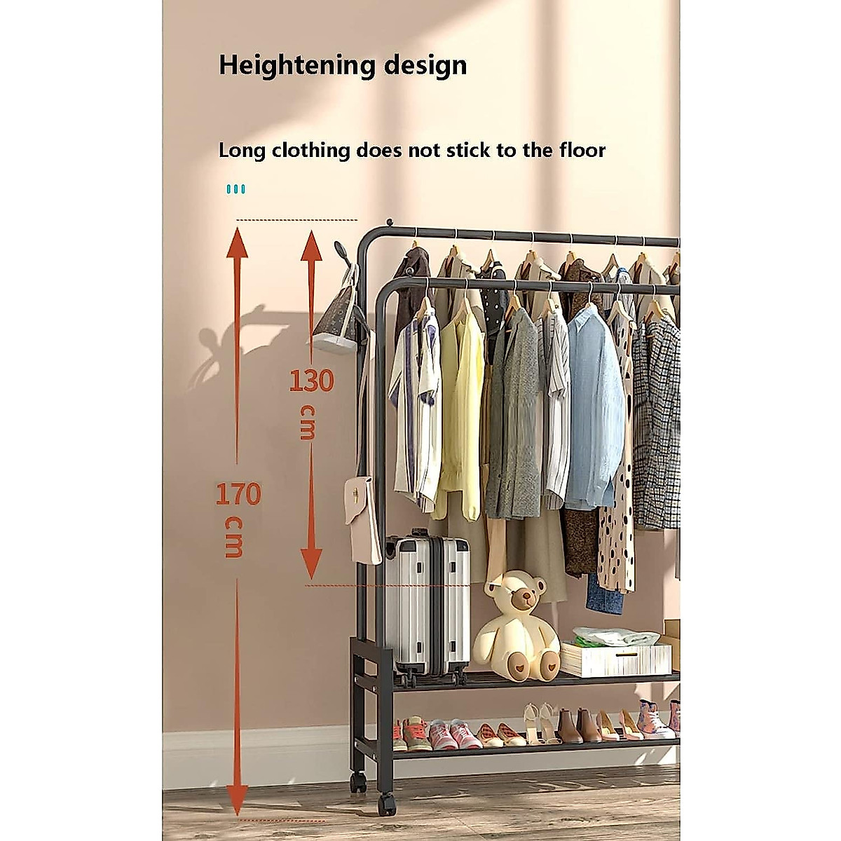 Double Garment Rail with Top Rod and 2-Tier Shelves Heavy Duty Stainless Steel Clothes Rack with Castors for Everyday Home Dormitory Hotel Adds Instant Closet Space (Color : Black, Size : 135CM)