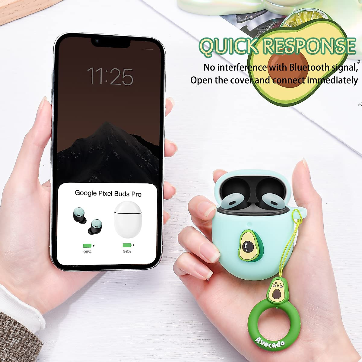 Newseego for Google Pixel Buds Pro(2022) Case, Cute 3D Funny Protective Cover Soft Silicone Cartoon Anti-Lost Shockproof Case with Ring Buckle Keychain Design-Avocado