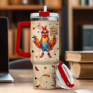 99OWL Crazy Chicken Lady Coffee Color, Tumbler 40 Oz With Handle Lid And Straw, Chicken Gifts, Lovers Handle Boss Red Swig For Modern Women Brown Tumblers Breed Spring Simple Funny