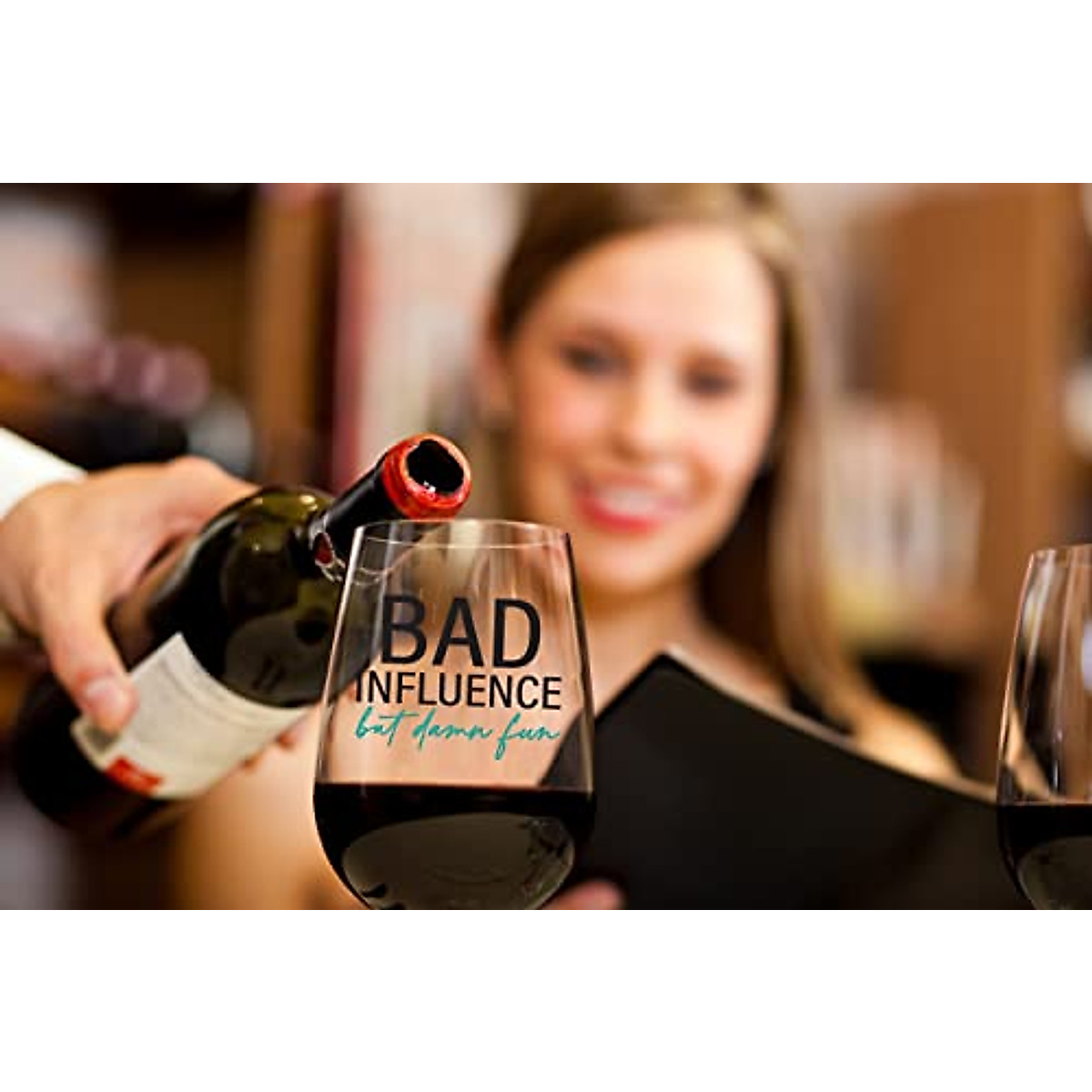 Bad Influence - Funny Wine Glass for Women, Best Friend Gift For Women, Funny Gifts for Her, Birthday Gifts for Women or Men, Unique Gift for Girlfriend, Sister, BFF, 15oz Stemless Wine Glass