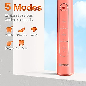 Bitvae R2 Rotating Electric Toothbrush for Adults with 8 Brush Heads, 5 Modes Rechargeable Power Toothbrush with Pressure Sensor, Coral Orange