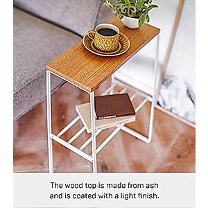 Yamazaki Home Narrow Living Room End Table - Slim Side Storage Shelf Stand Furniture Metal and Wood Modern Skinny Accent Table Steel + WoodWhite