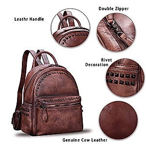 Genuine Leather Backpack for Women Vintage Fashion Bookbag Handmade Casual Satchel (Coffee) Medium