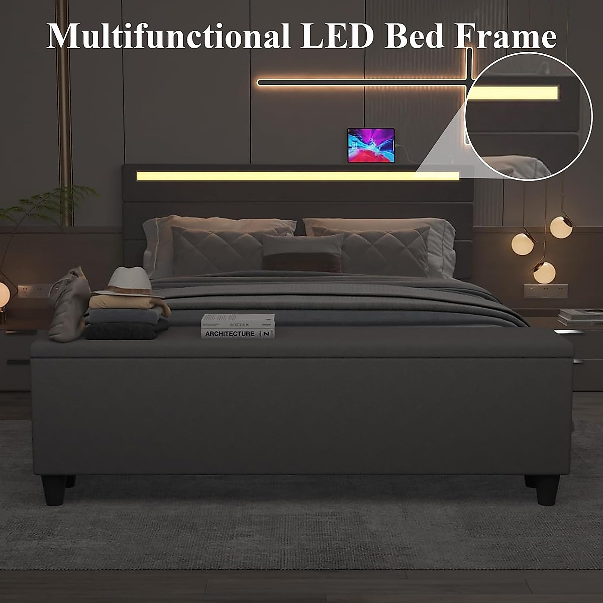 Kallabe Full Size Bed Frame with Ottoman, Upholstered Headboard with LED Lights and USB Ports, Noise-Free Bed Frame with Solid Wooden Slats Support, No Box Spring Needed, Easy Assembly, Grey