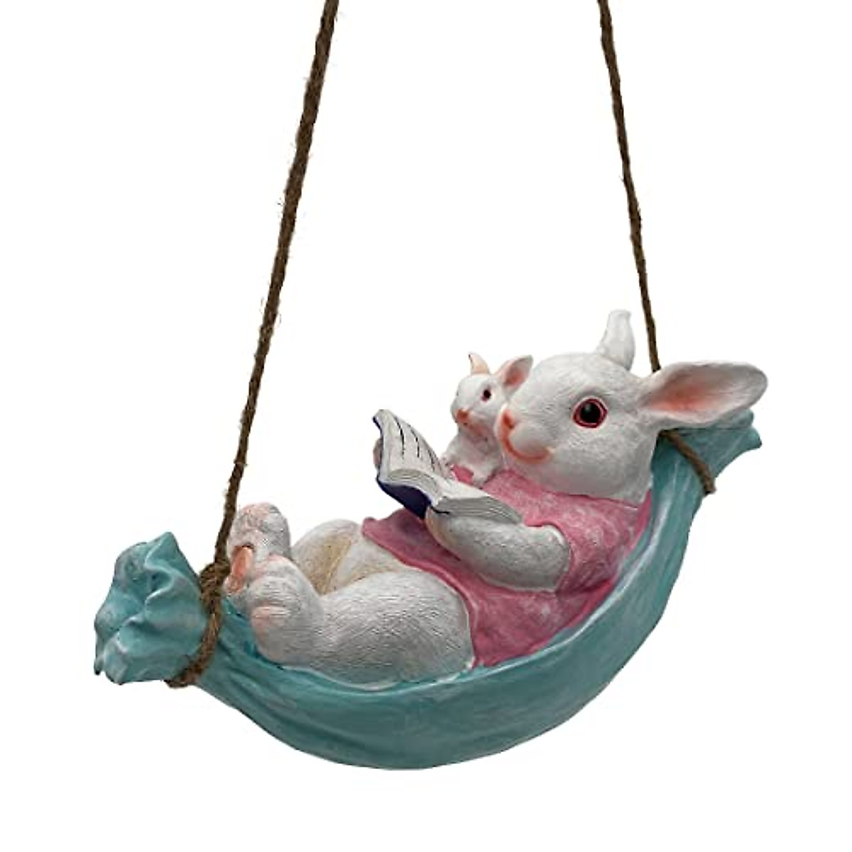 Usupgift Pink Swing Rabbit Garden Statues Cute Rabbit Figures Tree Hanging Sculpture (8.9"X4.3"X 3.9") for Outdoor Décor Garden Patio Yard Lawn