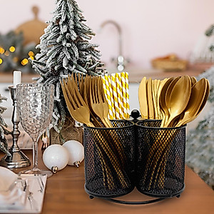 DysanVica Silverware Holder Utensil Caddy - 360° Rotating Silverware Caddy 4 Compartment Metal Cutlery Organizer Fork Spoon Napkin Plastic Flatware Storage Basket Party Countertop Picnic Outdoor Black