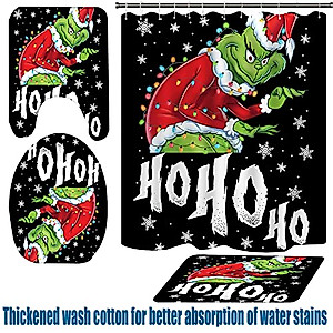 Merry Christmas Bathroom 4-Piece Set, Shower Curtain, Non-Slip Rug, Toilet Seat Cover and Bath Mat Grinch Christmas Holiday Bathroom Decor with Hooks 72 x 72 inches (Bathroom Sets2)