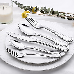 40 Piece Silverware Set for 8, Terlulu Stainless Steel Flatware Set, Mirror Polished Cutlery Set Utensil Set, Tableware Include Forks Spoons Knives for Home Restaurant, Beaded Handle, Dishwasher Safe