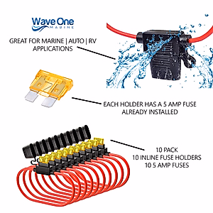 10 Pack 16 AWG Gauge Inline Fuse Holder with 5A Amp ATC ATO Blade Fuse Waterproof Auto RV Boat - Wave One Marine