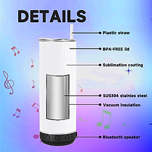 HIZEE 12pack 20oz cups Bluetooth Sublimation Tumbler with Straw and Lid, Double-Wall Stainless Steel Vacuum Insulation Sublimation Tumbler Blank, RemovableRechargeable Bluetooth Wireless Speaker Black