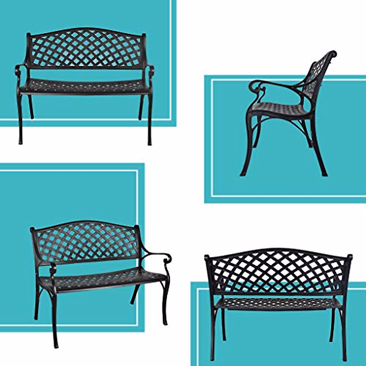 LEISU 41” Outdoor Garden Bench All-Weather Cast Aluminum Porch Loveseat Chair for Patio Park Path Yard Lawn Work Entryway Decor Deck (Black)