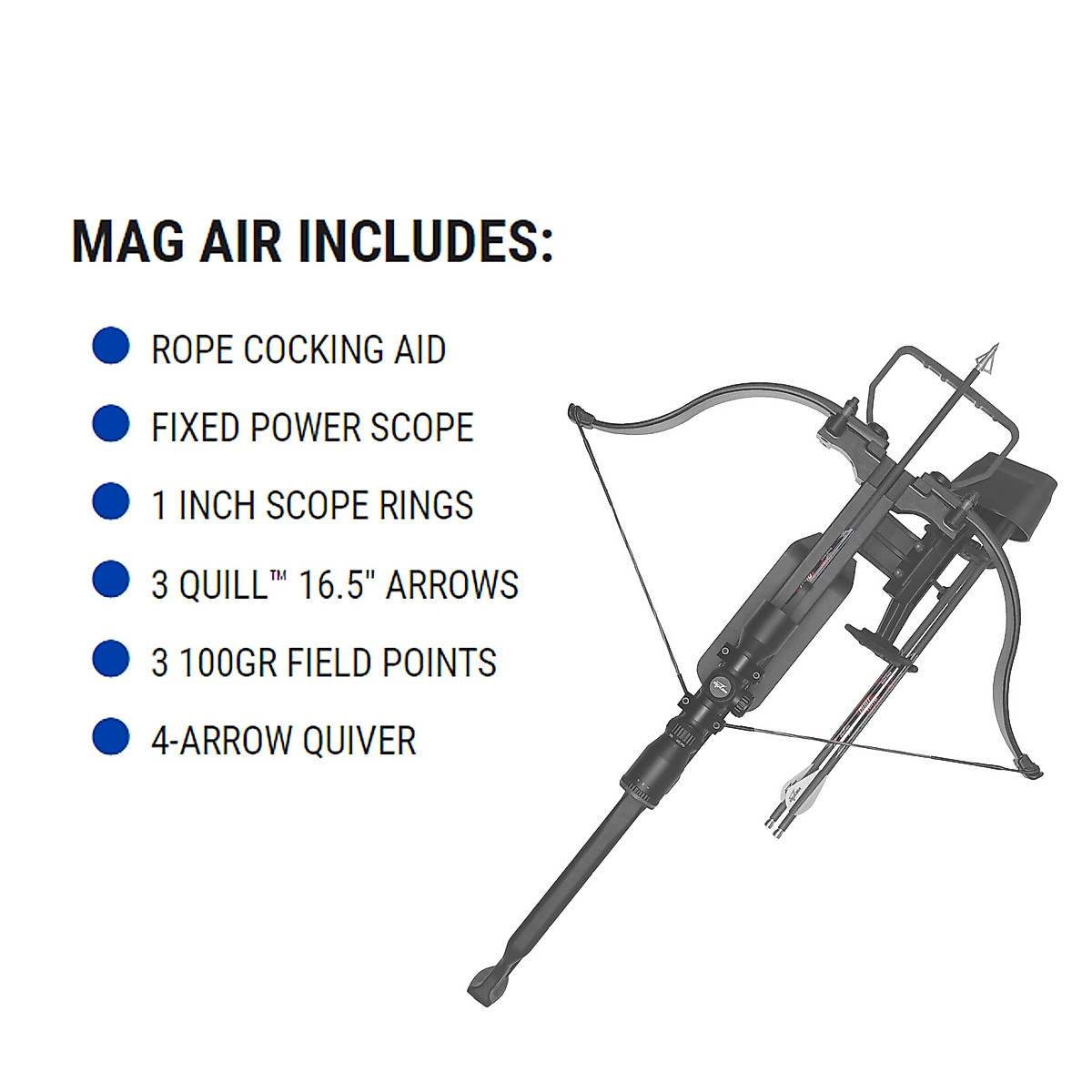 EXCALIBUR Mag AIR Accurate Lightweight Durable Safety Versatile Hunting Archery Crossbow - 1-inch Scope Rings, 3 Quill 16.5" Arrows, 4-Arrow Quiver Included