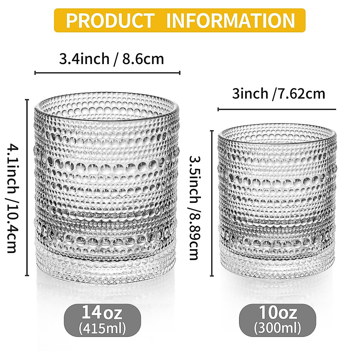 KEMORELA Vintage Glassware Drinking Glasses Set of 4, Hobnail Drinking Glasses, bar glasses, Embossed Design Glassware for Beverages, Beer, Cocktail, Whiskey, Juice and Various Mixed Drinks