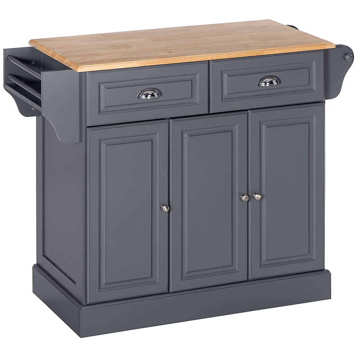HOMCOM Triple-Cabinet Kitchen Island on Wheels, Kitchen Storage Cabinet with Drawers & Countertop, Rolling Utility Cart with Wood Top, Towel Rack, Spice Stand, Dark Gray