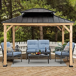 CoastShade 13x15 ft. Outdoor Wood Gazebo, Cedar Framed Patio Gazebo with 2-Tier Brown Steel Hardtop Roof for Patio,Garden,Backyard,Lawn and Deck