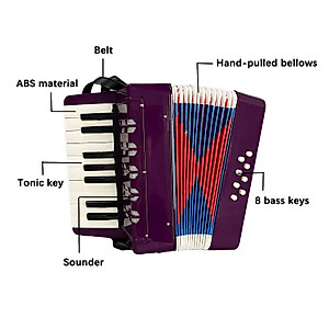 BORIYAM Accordion 17 Keys 8 Bass,Toys for Children and Adult Beginners, Accordion Instrument,Early Learning Enlightenment Instrument (Purple)