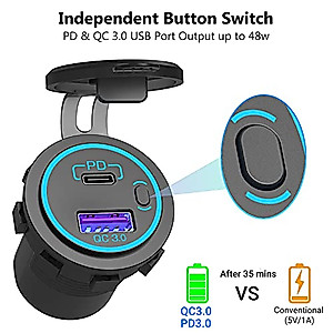 [Upgraded Version] 12V Cigarette Lighter Socket, Quick Charge 3.0 & PD 3.0 USB Charger Power Outlet with Button Switch, Waterproof 12 Volt Adapter for Car Motorcycle Boat Marine RV Golf Cart etc.
