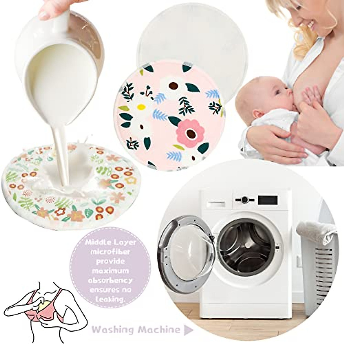 30 Pcs Reusable Breast Pads Bamboo Nursing Pads Absorbent Pads with Wet Bag and Laundry Bag Floral Breast Pads Charming Nipple Pads Nipple Covers for Breastfeeding Mom Gift, 6 Colors (Fresh Pattern)