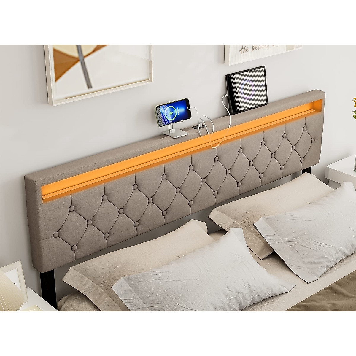 IKIFLY Upholstered King Size Headboard with LED Lights & 2 USB Ports - Adjustable Height - Button Tufted Linen Fabric Padded Headboard, Easy Assembly, King Headboard Only for Bedroom - Light Brown