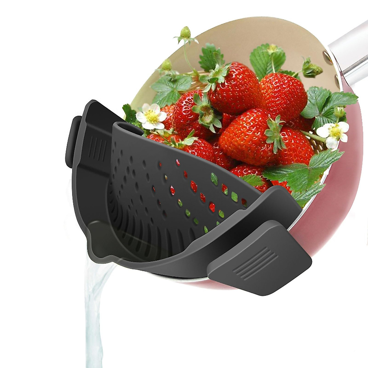 YEVIOR Clip on Strainer for Pots Pan Pasta Strainer, Silicone Food Strainer Hands-Free Pan Strainer, Clip-on Kitchen Food Strainer for Spaghetti, Pasta, Ground Beef Fits All Bowls and Pots - Black
