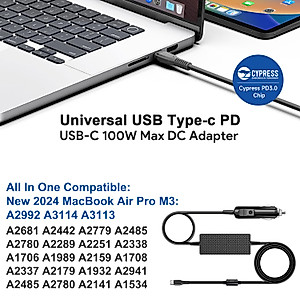 HKY Laptop Car Charger USB C PD 100W 95W 90W 65W 45W DC Adapter for Lenovo Thinkpad/Yoga/IdeaPad,Dell Latitude/XPS,LG Gram,MacBook Pro/Air,HP Spectre/Elitebook,Surface,Acer,Asus,MSI,Chromebook Charger