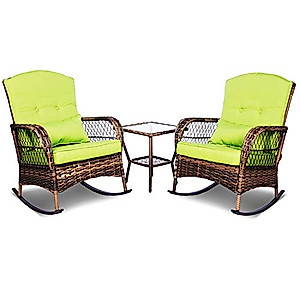 ENSTVER 3 Pieces Patio Conversation Set w/ 2 Rattan Wicker Rocking Chairs and Glass Table,for Garden Backyard Lown Porch (Green)