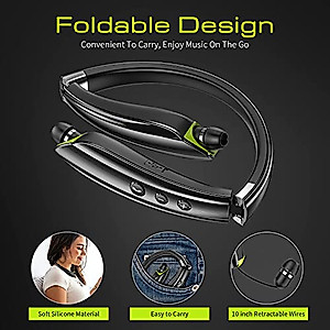 Bluetooth Headset, 2022 Upgraded Neckband Bluetooth Headphones with Retractable Earbuds, Noise Cancelling Stereo Earphones with Mic, Foldable Wireless Headphones for Sports Office with Carry Case