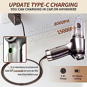 CHOLANG Handheld Vacuum Cordless,15000Pa 3 in 1 Car Vacuum Rechargeable High Power Hand Held Vacuum with Brushless Motor Portable Mini Vacuum Cleaner for Women,Men,Car,Home Pet & Office (Silver)