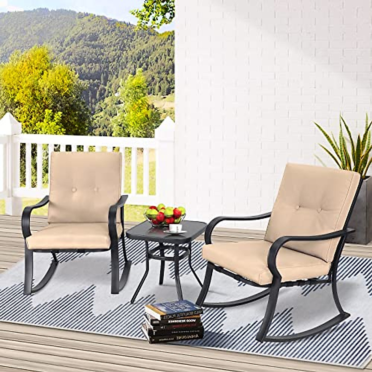 SOLAURA 3-Piece Outdoor Rocking Chairs Bistro Set, Black Iron Patio Furniture with Brown Thickened Cushion & Glass-Top Coffee Table
