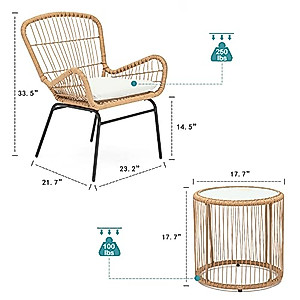 LifeSky Wicker Table Chairs Set - 3 Piece Outdoor Chairs Set - Patio Table Sets with Glass Top Table for Courtyard Garden Brown