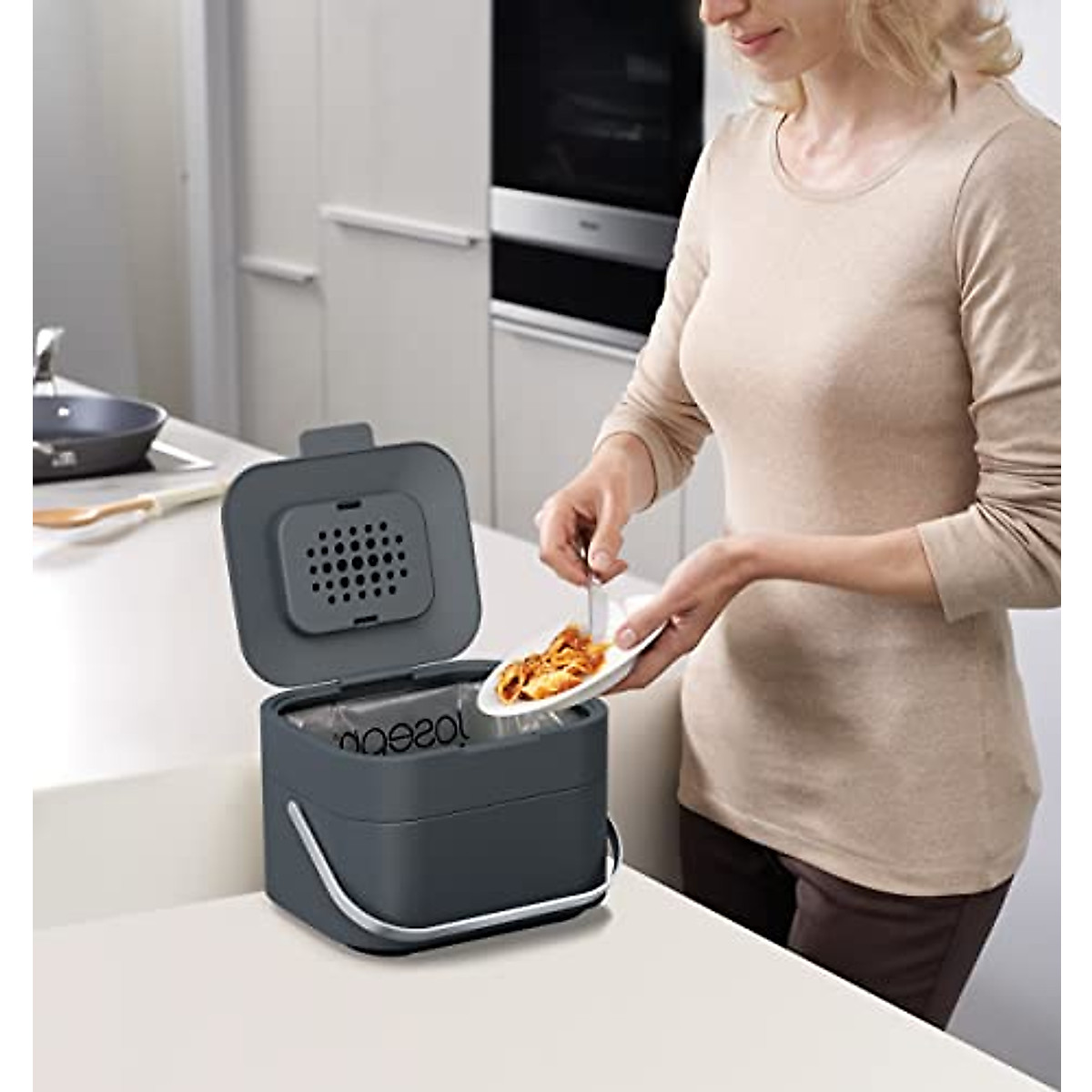 Joseph Joseph 30016 Intelligent Waste Compost Bin Food Waste Caddy with Odor Filter and Ventilation, 1 gallon / 4 liters, Graphite