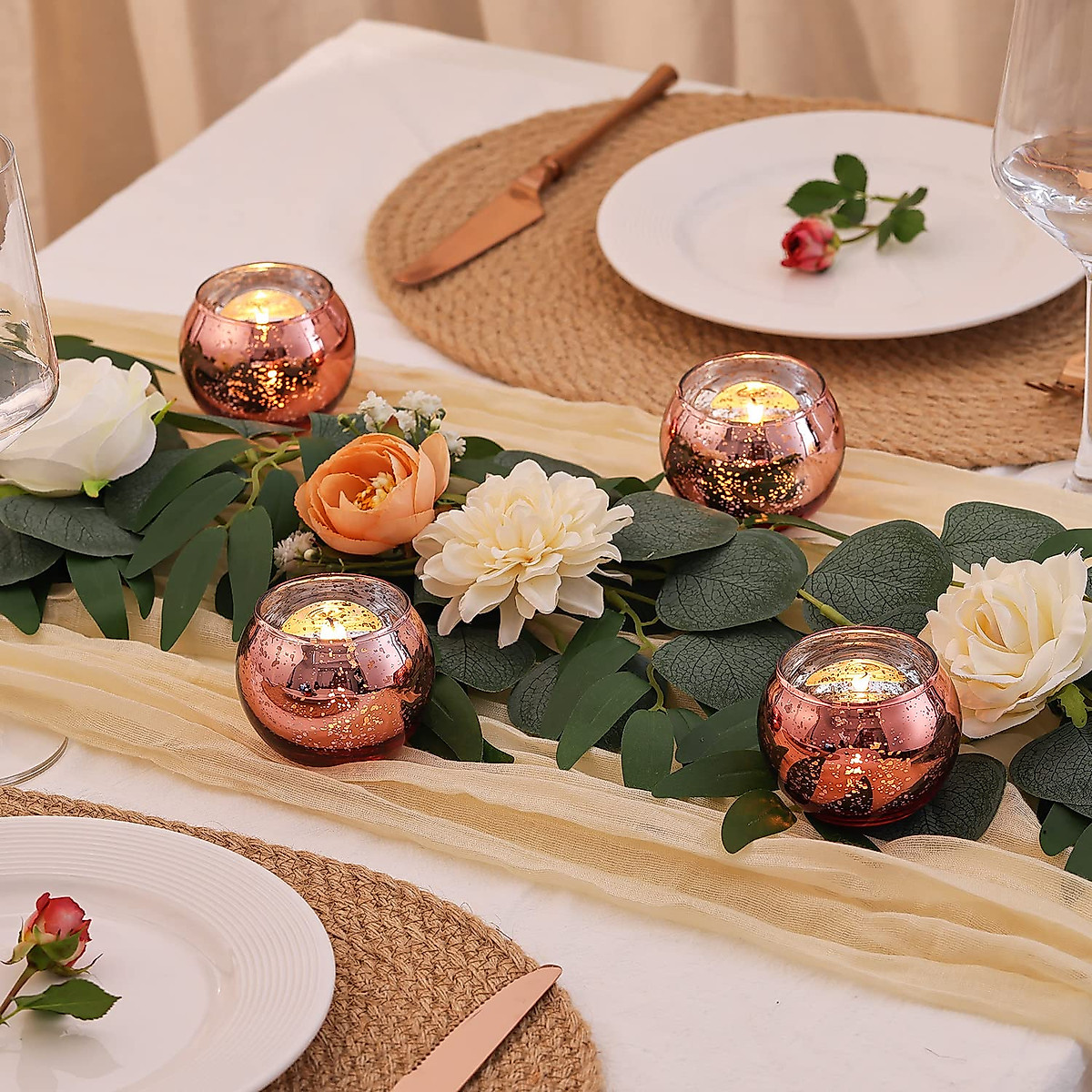 Volens 24PCS Rose Gold Votive Candle Holders for Table Centerpieces, Round Mercury Glass Candle Holders Bulk for Wedding, Bridal Shower, Birthday, Home, and Anniversary Decorations