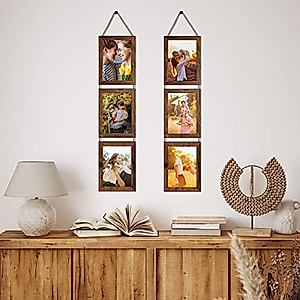Lavezee 5x7 Collage Triple Picture Frames Set, Walnut Brown 6 Opening Hanging Vertical Frame Made to Display 5 by 7 Inch Photo Print for Wall Decor