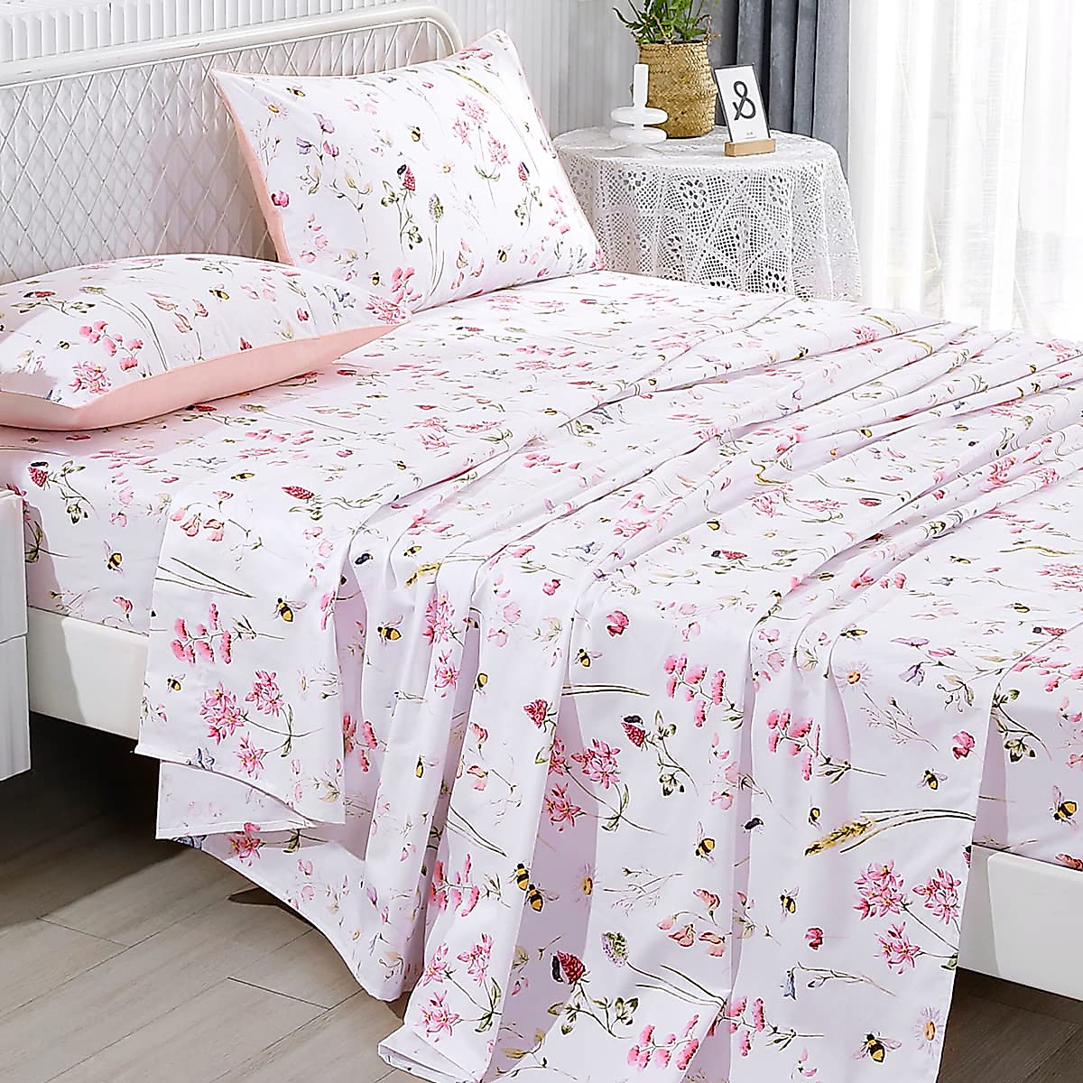 URBONUR 100% Egyptian Cotton Bed Sheets Full Size Set 4 Pcs,Cooling,Breathable Soft & Silky Percale Weave Floral Sheets Fits Mattress Up to 16" Deep Pocket (Pink Flowers & Bees, Full)