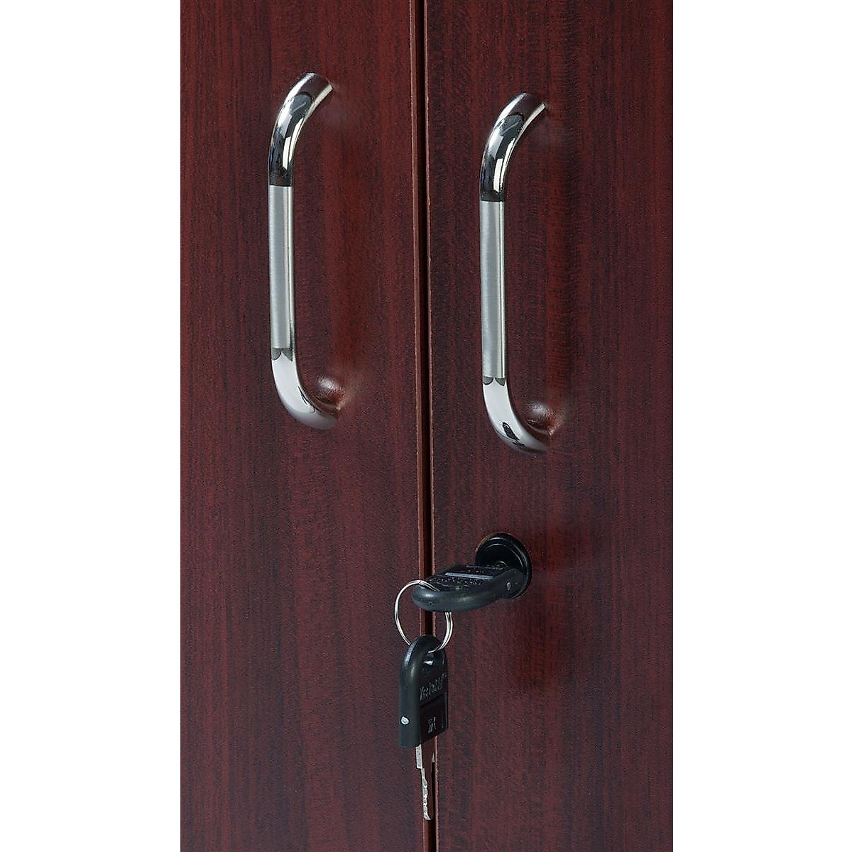 45.5" Tall Podium with Locking Cabinet, Shelf, 25" Angled Surface with Lip (Mahogany)