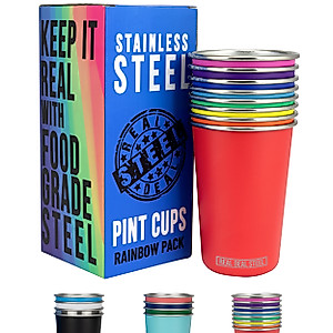 Real Deal Steel Rainbow Cups 16 oz Pint Cups, Stackable Tumblers, Eco Friendly Premium Metal Drinking Glasses