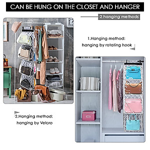 BeeGreen Purse Organizer for Cloest Handbag Storage Bag Hanging Purse Holder with 8 Clear Pockets & 2 Swivel Hooks, Grey with White, 16" x 10" x1.3" for Women