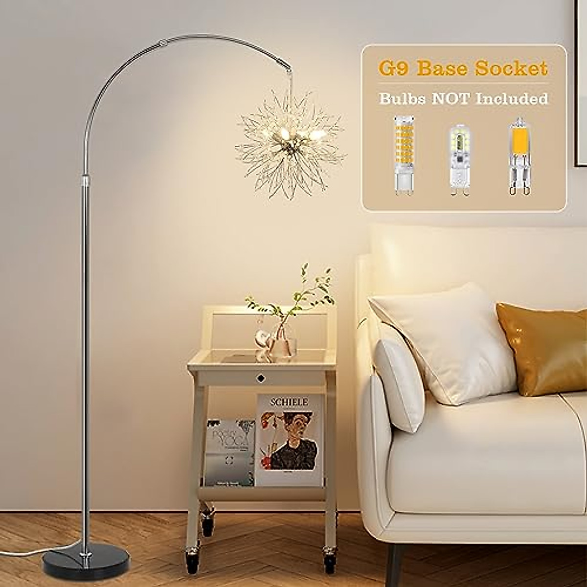 Crystal Arc Floor Lamps for Living Room, Modern Floor Lamp with Marble Base, Adjustable Height Standing Lamp, Mid Century Tall Lamp for Girls Room, Over Couch Arched Reading Light for Bedroom, Office