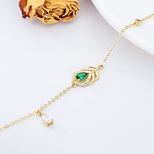 SISGEM Real 14k Gold Peacock Feather Bracelet for Women, 14 Karat Gold Animal Lover Wrist Jewelry Gifts for Her, 6.8"+0.8"+0.8"