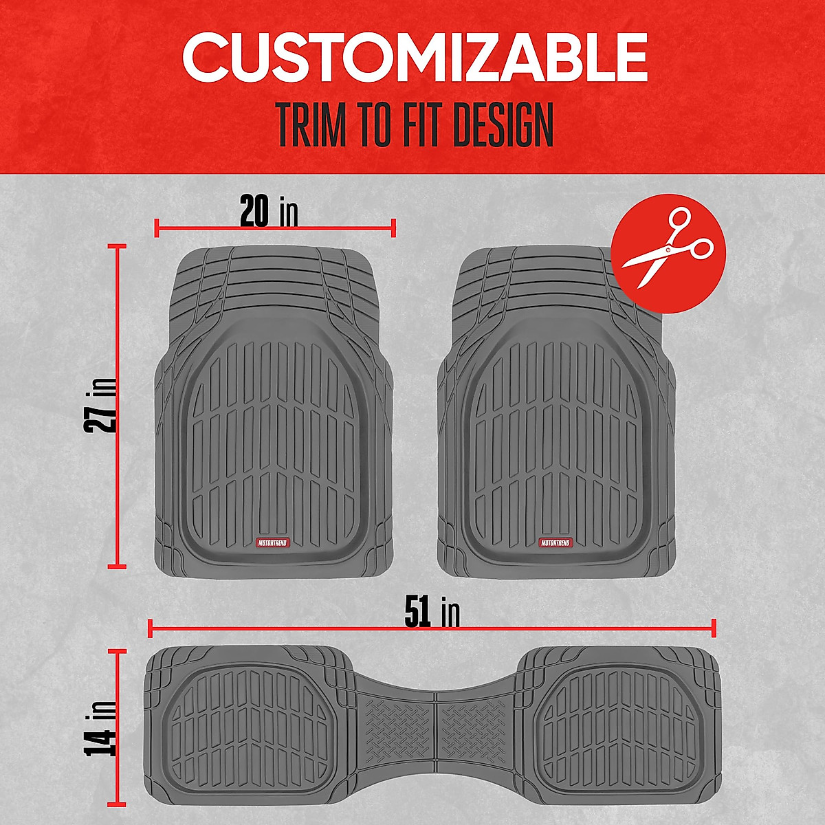 Motor Trend FlexTough Floor Mats for Cars, Gray Deep Dish All-Weather Mats, Waterproof Trim-To Fit Automotive Floor Mats for Trucks SUV, Universal Liner Car Accessories