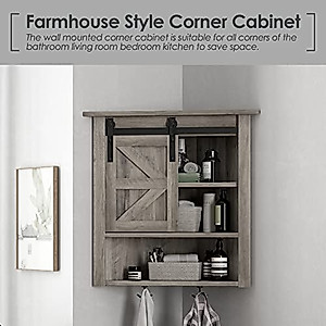 Fameill Bathroom Wall Cabinet Wall Mounted Corner Cabinet with Sliding Barn Door Over Toilet Bathroom Organizer Corner Wall Shelf Medicine Cabinet,Grey