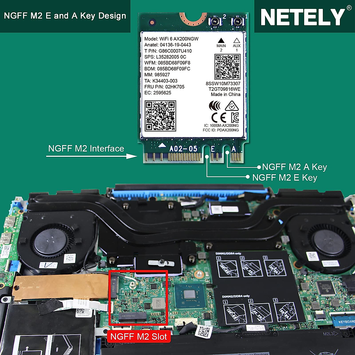 NETELY 802.11AX WiFi 6 AX200NGW MGFF M2 Interface WiFi Adapter with Bluetooth 5.0, WiFi 6 3000Mbps Speed, 2.4GHz 574Mbps & 5GHz 2400Mbps, Intel WiFi 6 AX200NGW WiFi Card (WiFi 6 AX200NGW)
