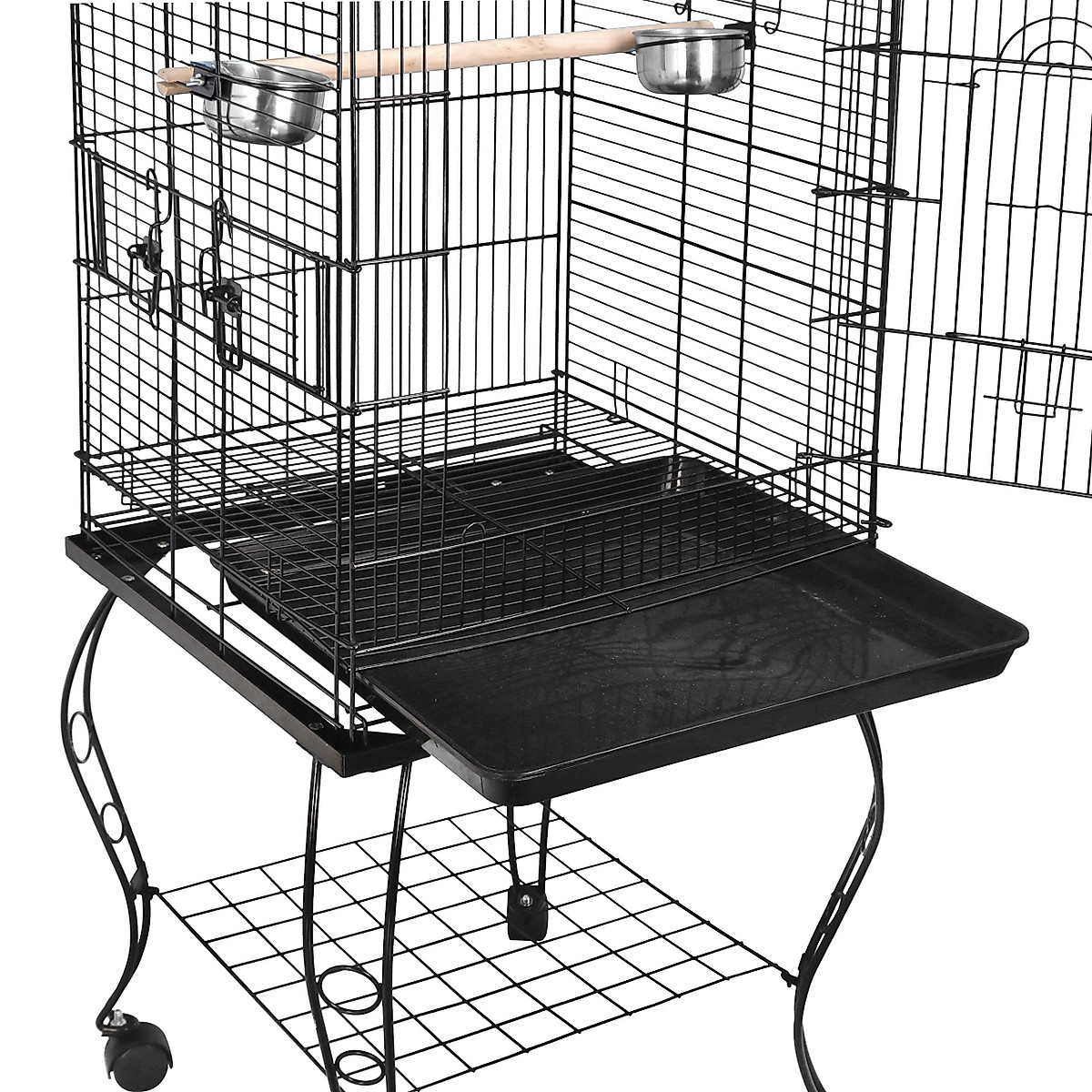 SUPER DEAL 63.5'' Rolling Bird Cage Large Wrought Iron Cage for Cockatiel Sun Conure Parakeet Finch Budgie Lovebird Canary Medium Pet House with Rolling Stand & Storage Shelf