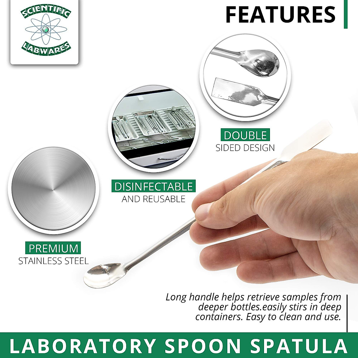 Scientific Labwares Laboratory Spoon Spatula Set - Long Handled Mixing & Measuring Equipment - Supplies for Labs, Sampling, Sculpting, Stirring, Making Makeup - Durable Stainless Steel - Set of 12