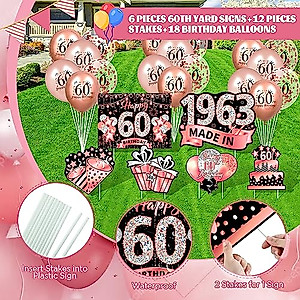 Rose Gold 60th Birthday Decorations for Women 6Pcs 60th Birthday Yard Signs Made in 1963 Lawn Sign & 18Pcs Rose Gold 60th Birthday Balloons for 60 Years Old Party Anniversary Outdoor Decor Supplies