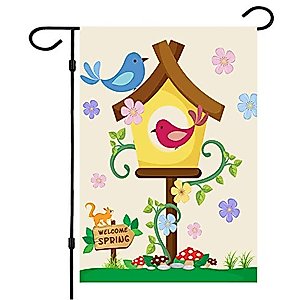 Spring Garden Flag,Hello Spring Flag Double Sided Welcome Burlap Seasonal House and Bird Spring House Flags 12.5 x 18 Inch Summer Yard Signs Outdoor Decor for Homes,Gardens,Patio or Lawn